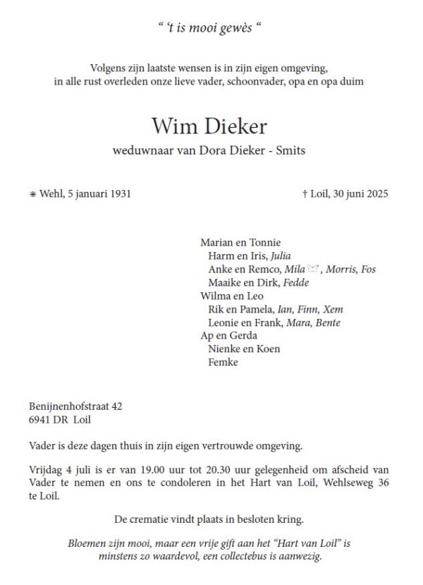 Wim Dieker overleden – Loil.nl